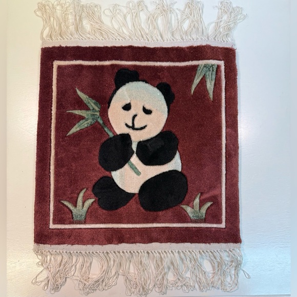 Accents | Vintage Panda Bear Silk Pictorial Fringe Rug Bamboo Leaves ...